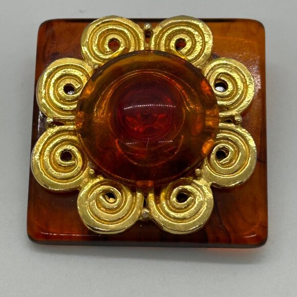 Estate | Jewelry | Vintage Brown Amber Lucite Square Brooch With Gold ...